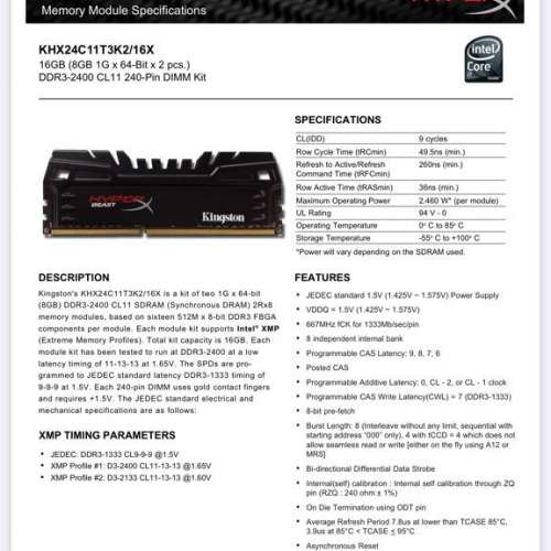 Kingston Hyper X Beast Ddr3 ram 2400 hz 8G x2 共16GB - 二手或全新RAM 記憶體, 電腦 ...