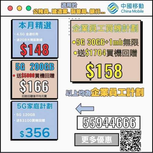 中國移動香港 4.5G 真。無限 月費$148 送2GB大灣區數據及一卡兩號國內號碼及大灣區100分鐘 即時簽約再送免首月台費 查詢電話：55944666 - 二手或全新Android ...