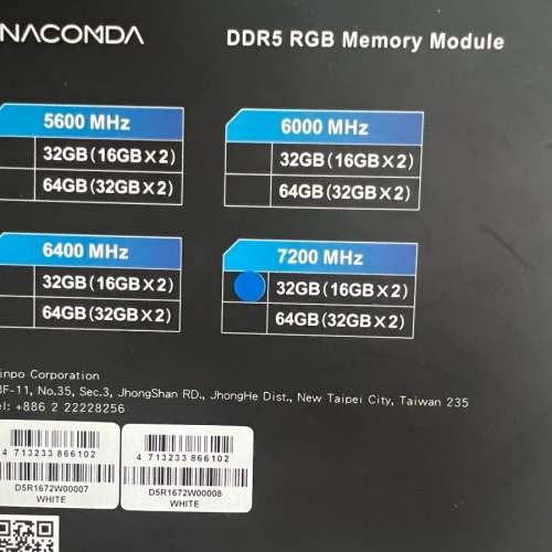 買賣全新及二手RAM 記憶體, 電腦 - ANACOMDA ddr5 7200mhz （2x16) 白色 rgb cl 34 ...