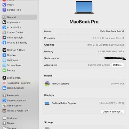 AppleCare+ MacBook Pro 16-inch Space Gray 2019 i9 2.3GHz 32GB 1TB - 5500M 8GB - 二手或全新手提電腦, 電腦 ...