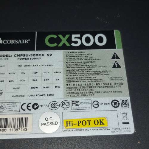 Corsair CX500 CMPSU-500CX Builder Series™ CX500 V2 500 Watt — 80 PLUS ...