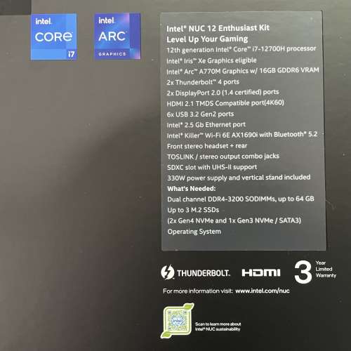 Intel NUC 12 Enthusiast NUC12SNKi72 i7 12700H Arc A770M 16GB 連 16GB RAM 2TB SSD - 二手或全新電腦組合, 電腦 ...